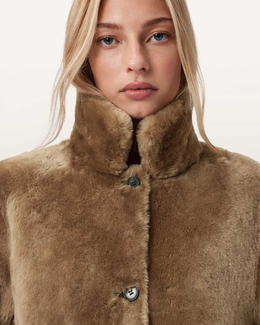 Serra Reversible Shearling Coat Taupe Brown | ALLSAINTS